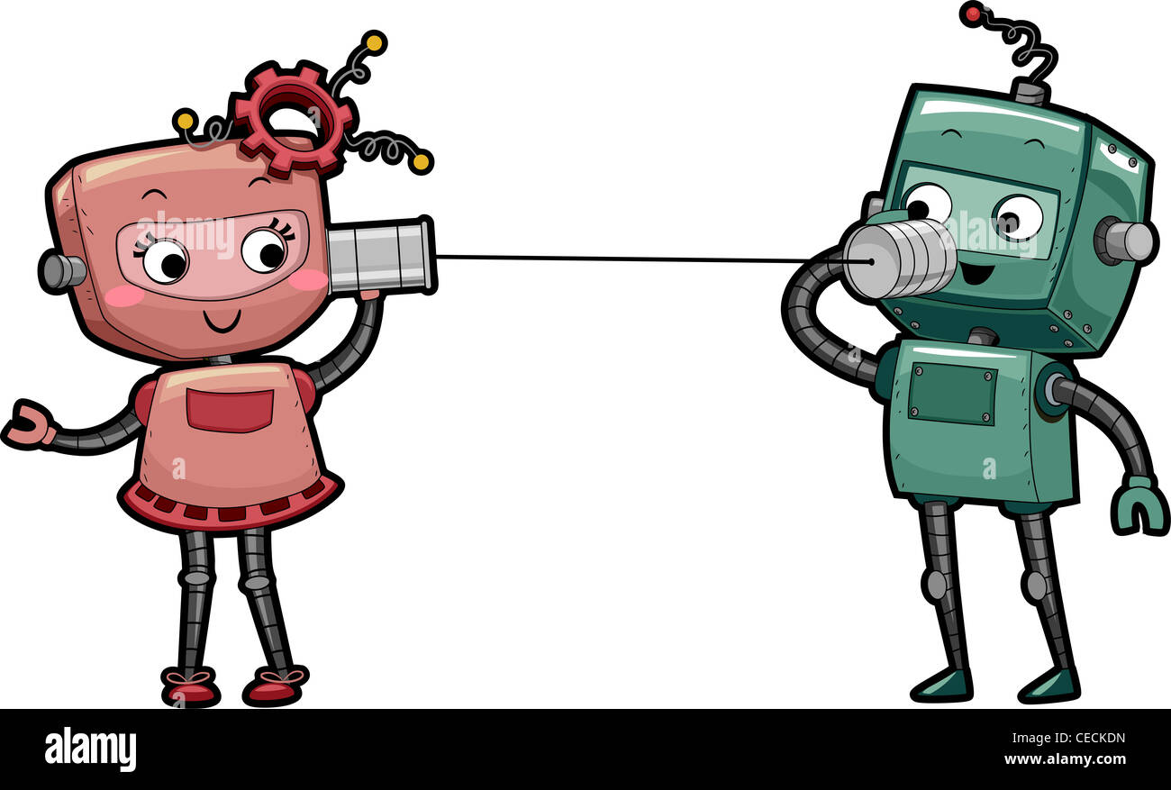 Illustration of a Pair of Robots Using Can Telephones to Talk Stock ...