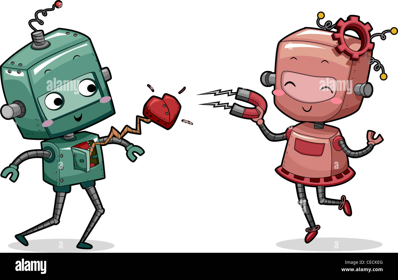 Illustration of a Female Robot Stealing the Heart of a Male Robot Stock ...