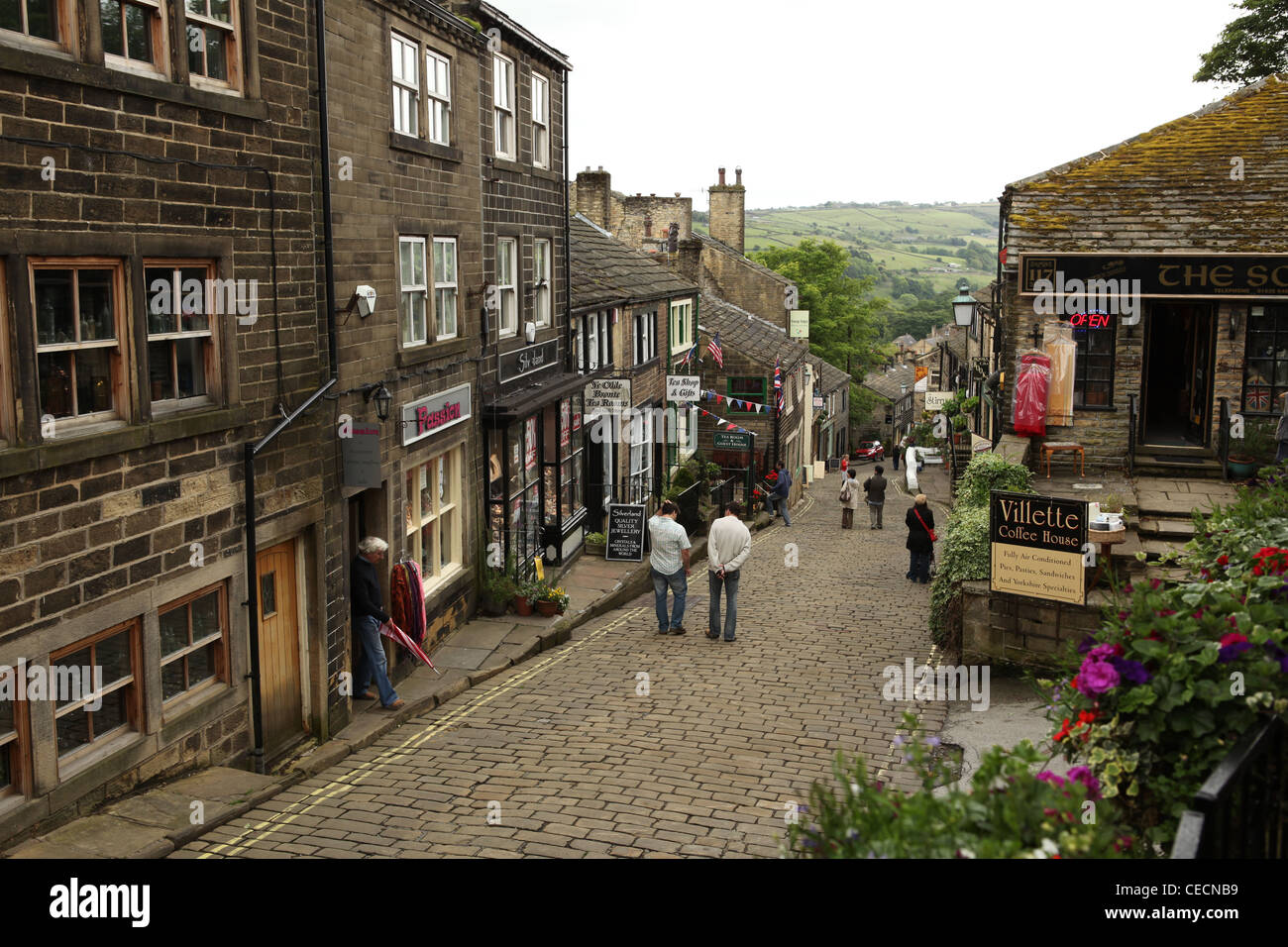 Haworth town centre, famous as the "Bronte sisters town" Yorkshire, UK ...