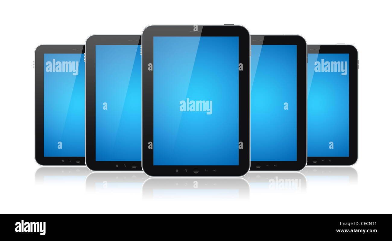 Set of digital tablets with blank blue screen isolated on white Stock ...