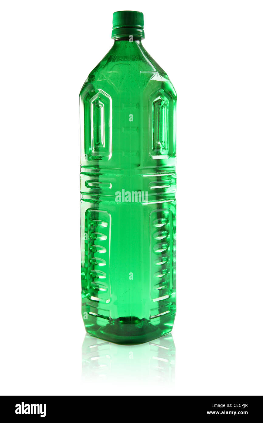Green plastic bottle without label, full of transparent liquid ...