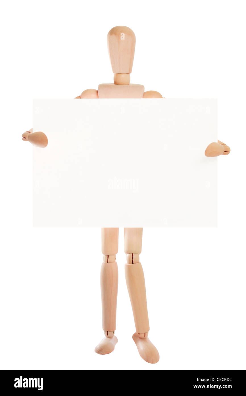 Wooden dummy showing up blank paper card, isolated on white background ...