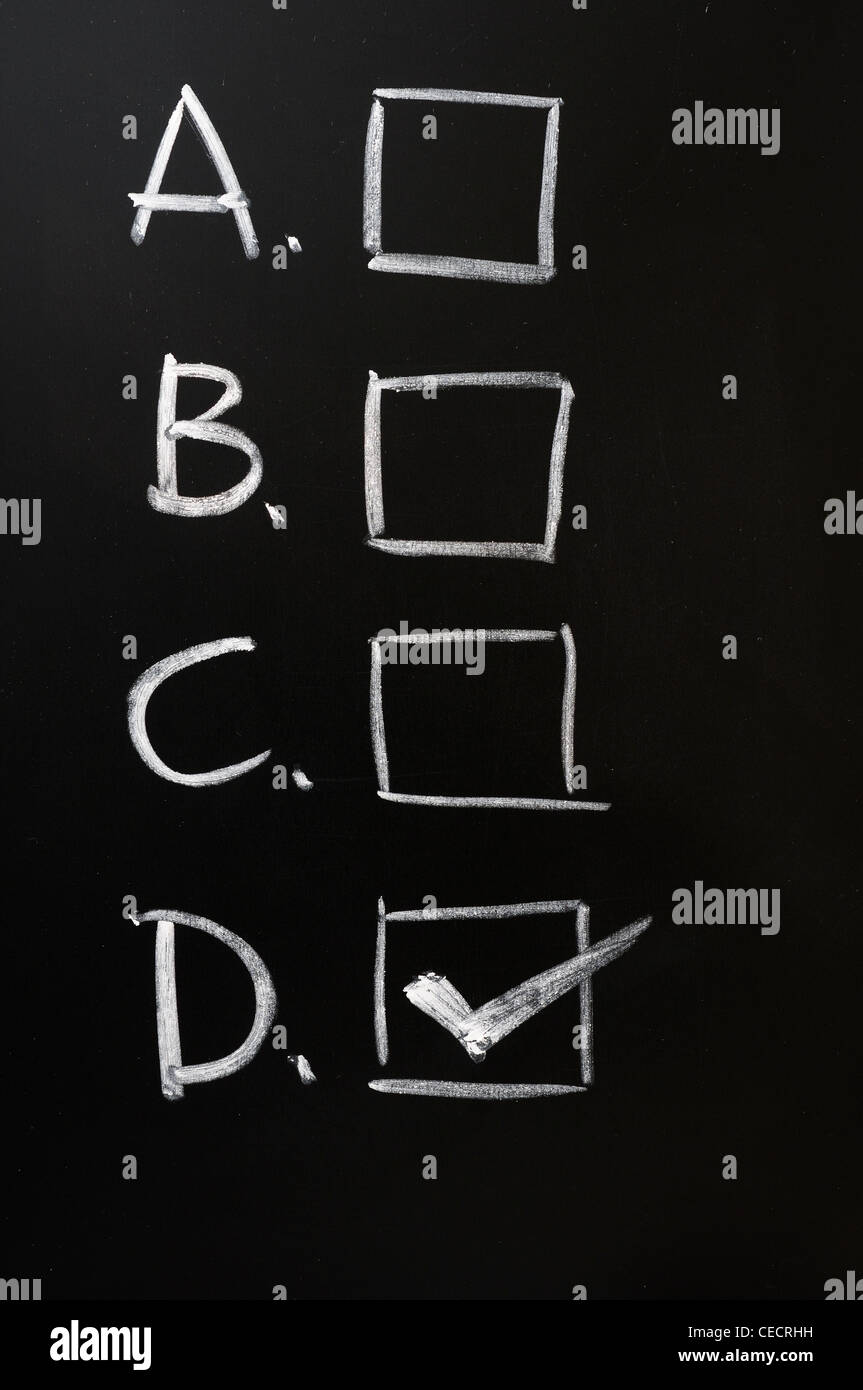 Four checkboxes on blackboard with D checked Stock Photo - Alamy