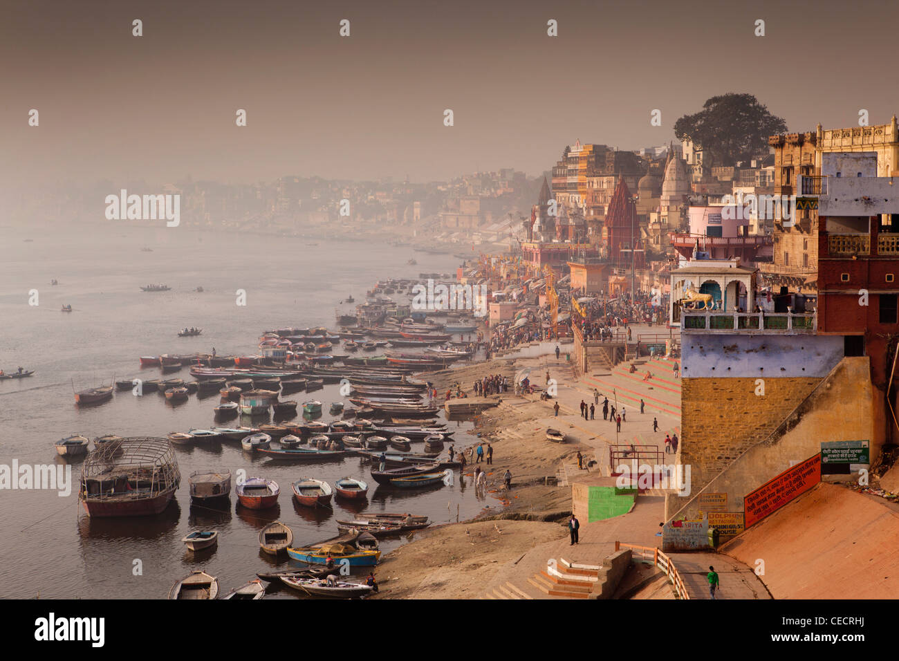 India, Uttar Pradesh, Varanasi, early morning view along River Ganges ...
