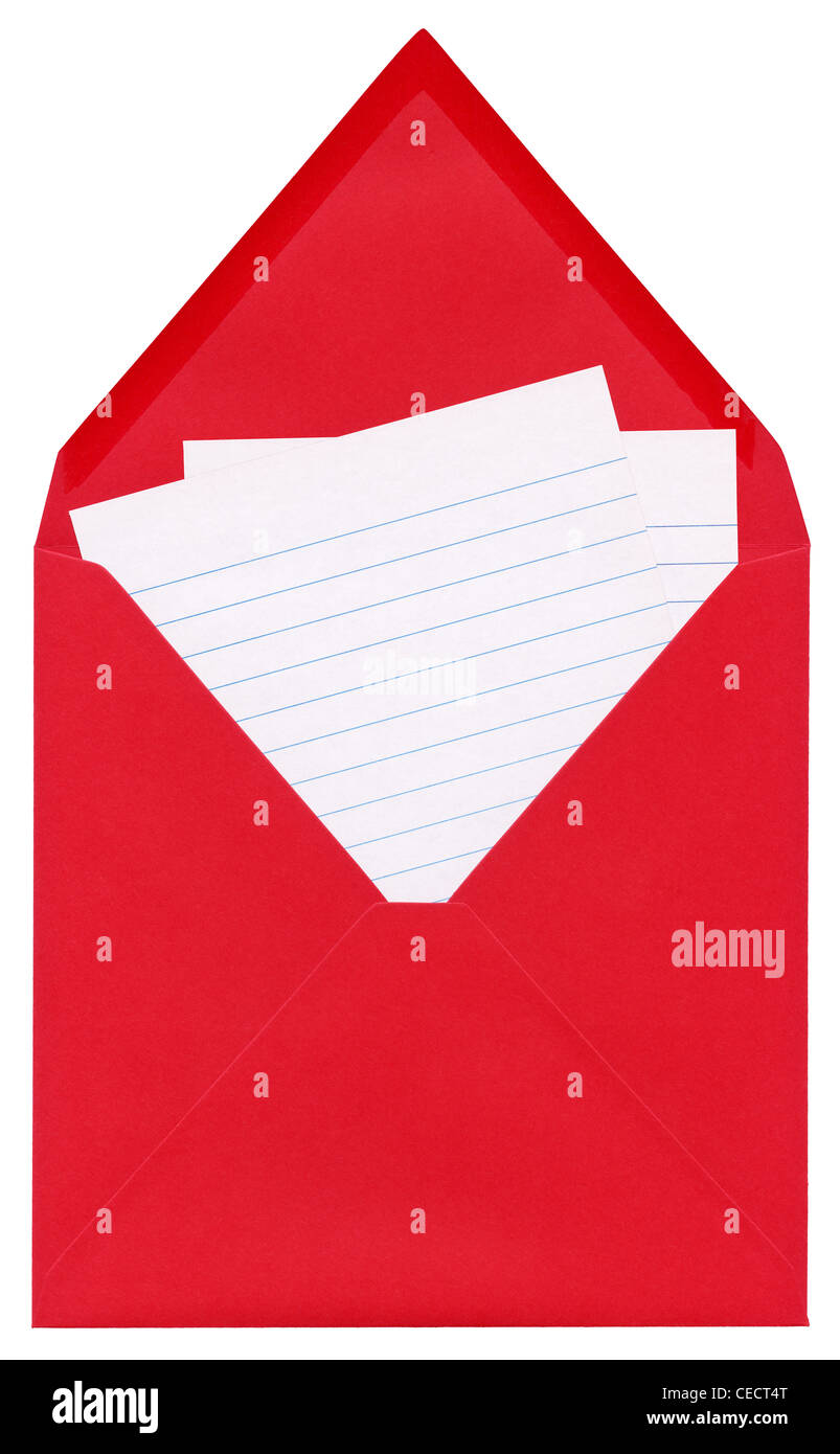 Closeup of a letter - open red square envelope with blank lined sheets ...
