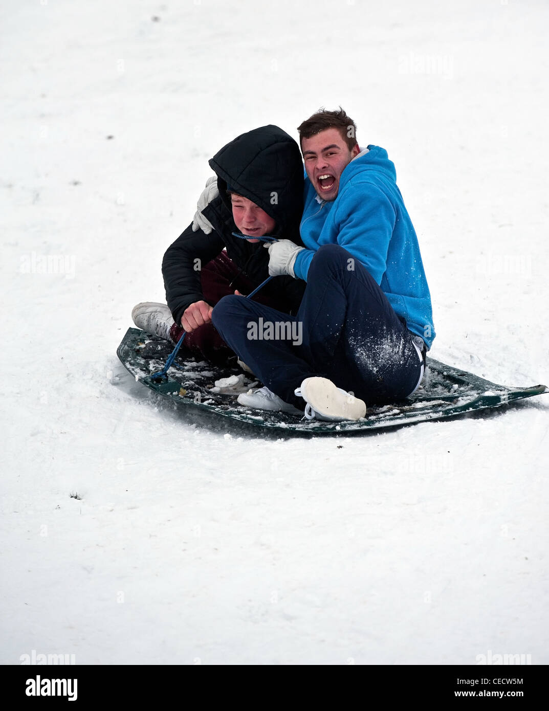 Two boys sledding Stock Photo - Alamy
