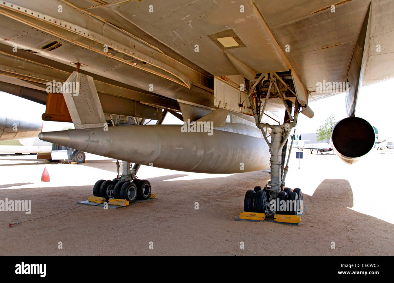 Under the fuselage of Convair B-58 Hustler supersonic jet bomber at the ...