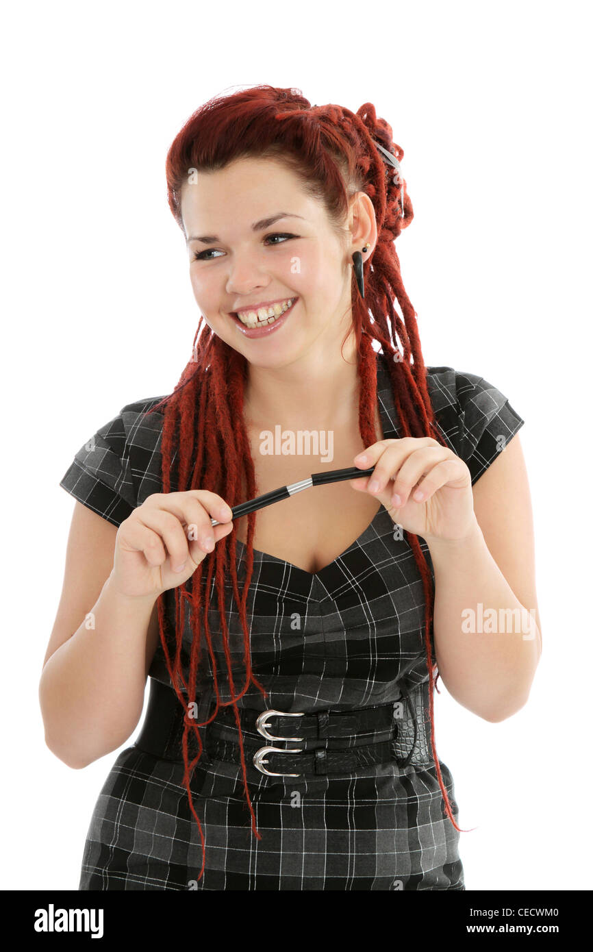 Modern beautiful red-haired secretary with pen isolated on white ...