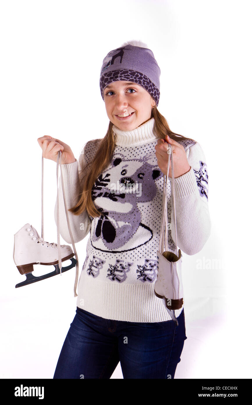 Beautiful girl with figure skates isolated over white background Stock ...