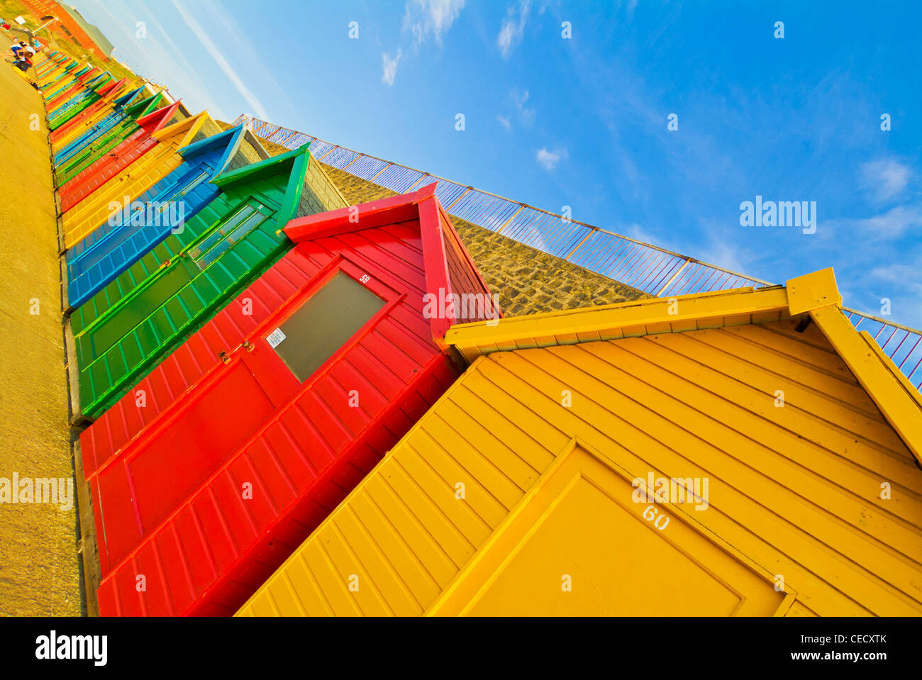 Bright coloured bathing huts at Whitby beach North Yorkshire England UK ...