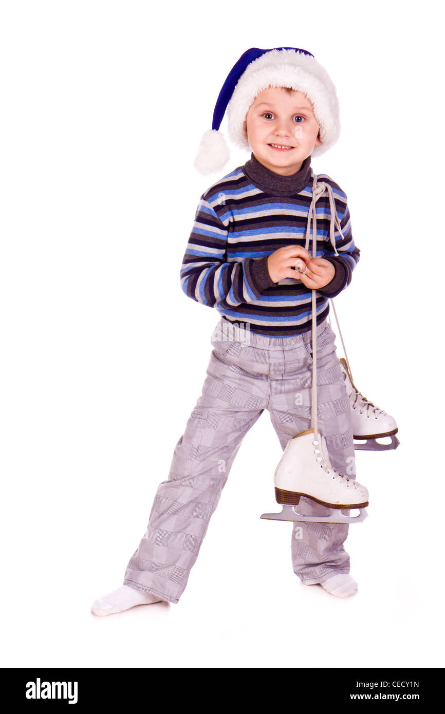 Cute little boy with figure skated isolated over white backgound Stock ...