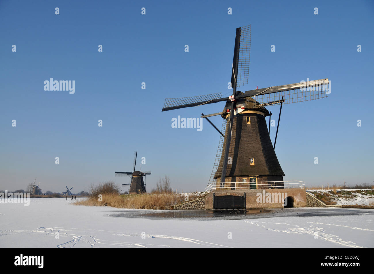 Dutch windmills in winter, Kinderdijk, Netherlands, Europe Stock Photo ...