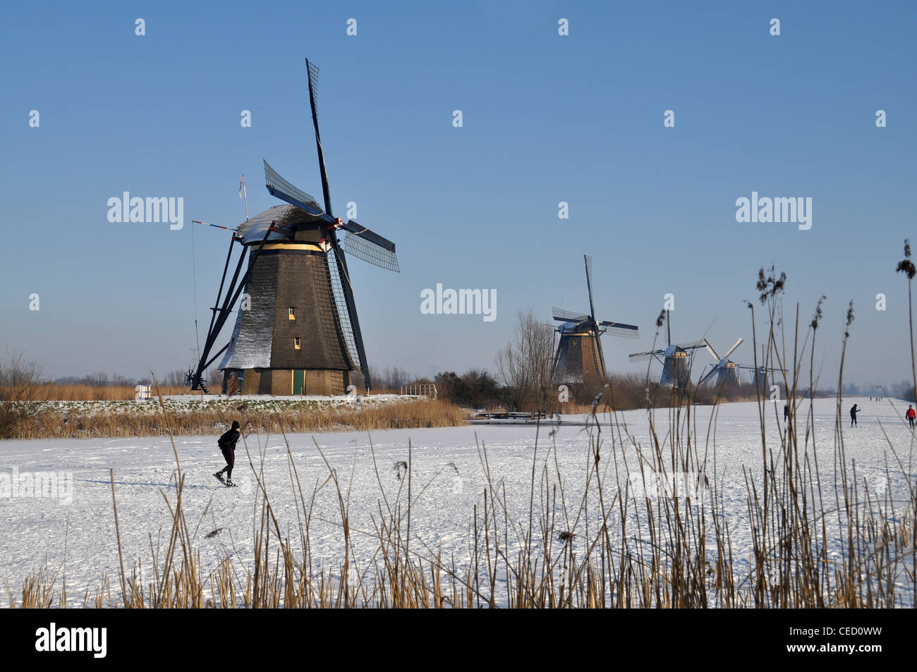 Dutch windmills in winter, Kinderdijk, Netherlands, Europe Stock Photo ...
