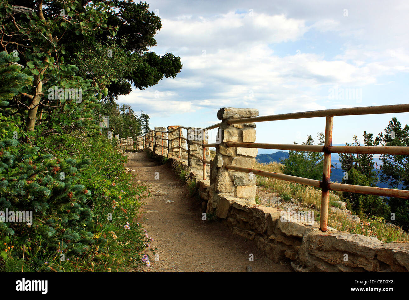 A path around a summit with trees and bushes left and a railing at ...