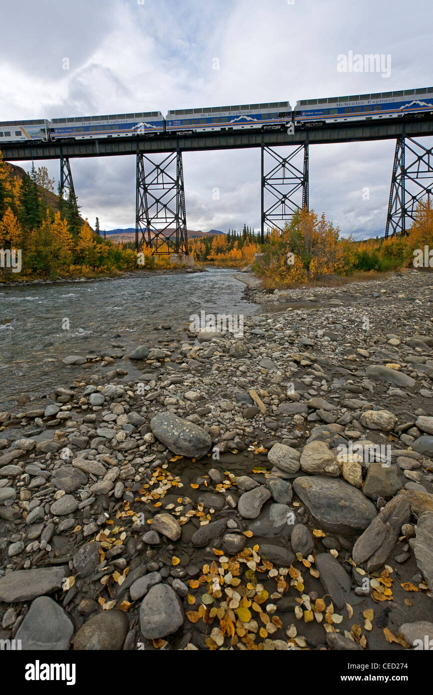 The Denali Star train crossing a bridge over Riley Creek. Denali ...