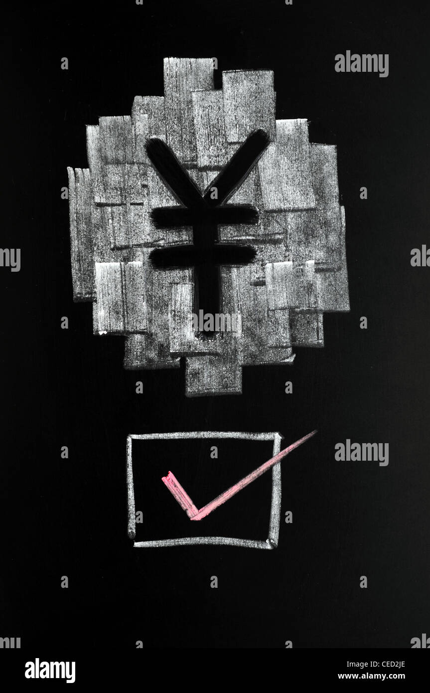 Symbol of Chinese currency Yuan with a check box drawn with chalk on a ...