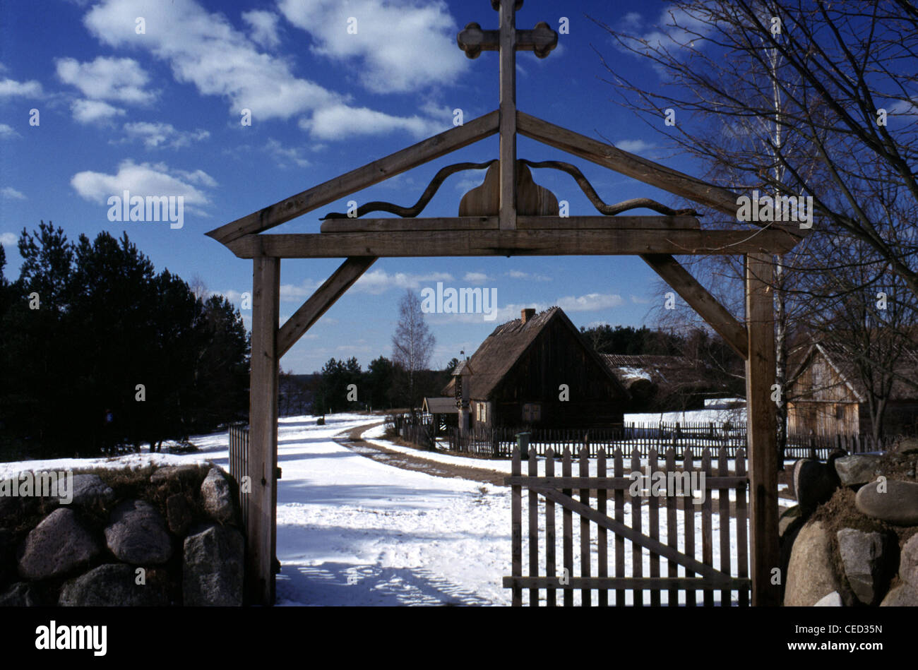 Wooden gateway to a small village in Masuria a natural region in ...