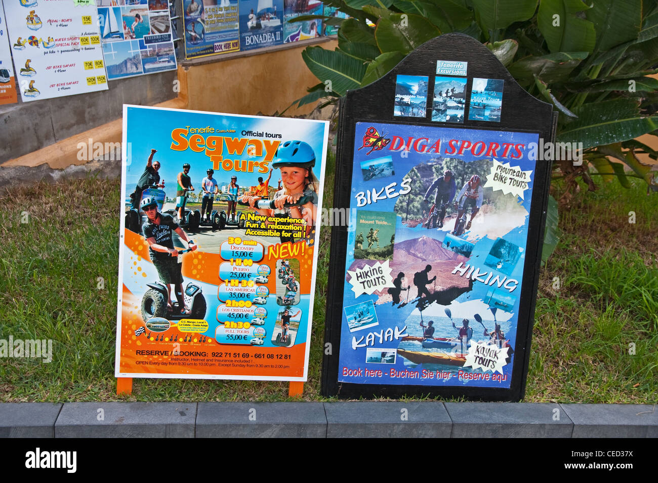 Signs advertising various holiday activities available in Tenerife ...