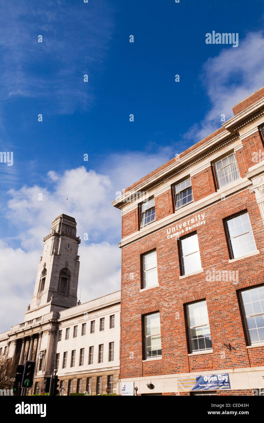 The campus of Barnsley University with the Town Hall in the background ...