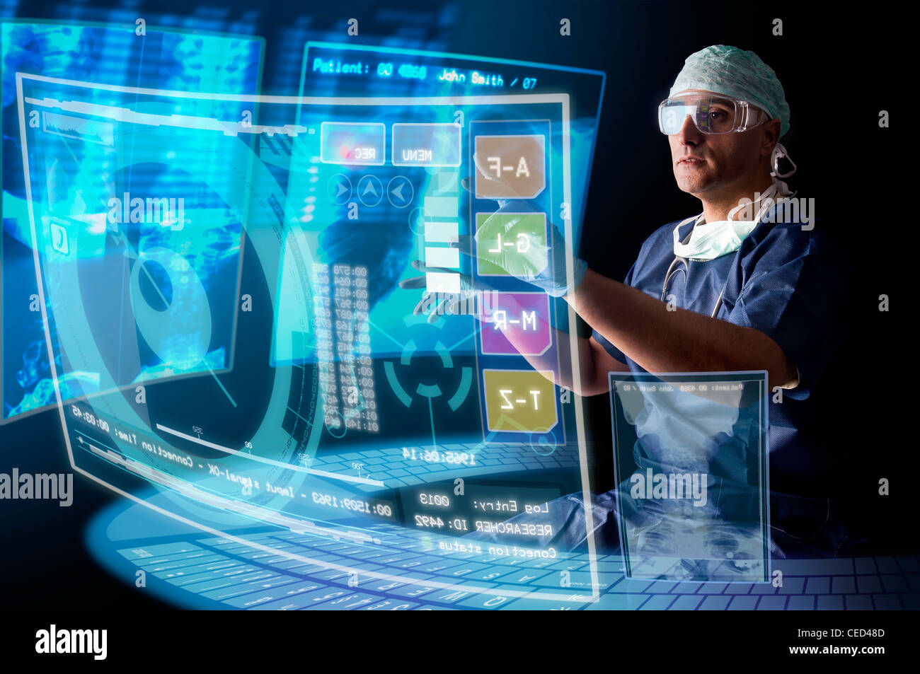 Doctor in uniform with X-rays and digital screens and keyboard Stock ...