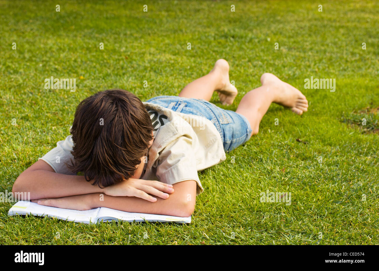 boy sleeping over boring book on green grass lawn Stock Photo - Alamy