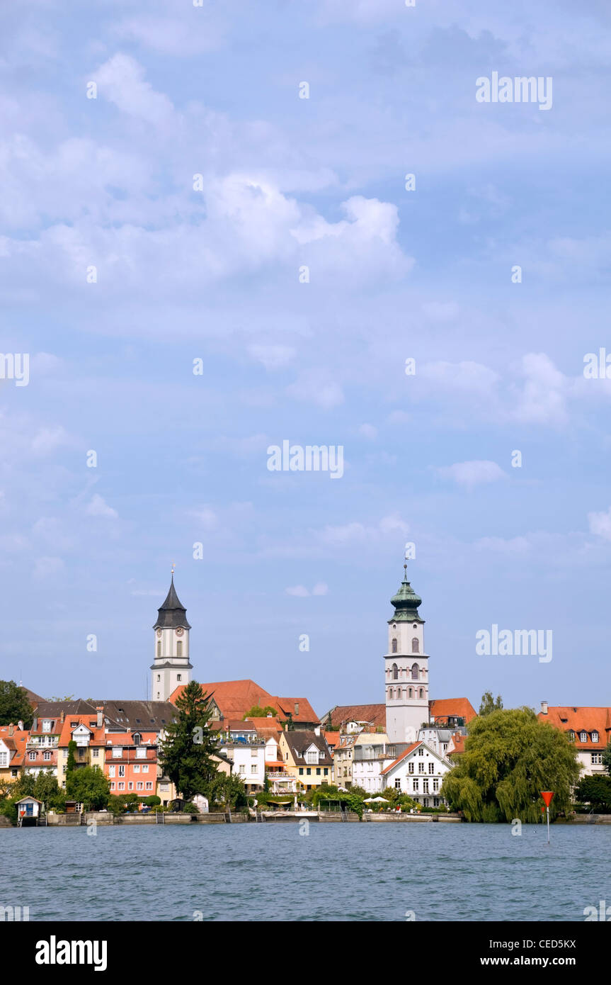 Vertical view across Lake Constance to the historic town of Lindau with ...