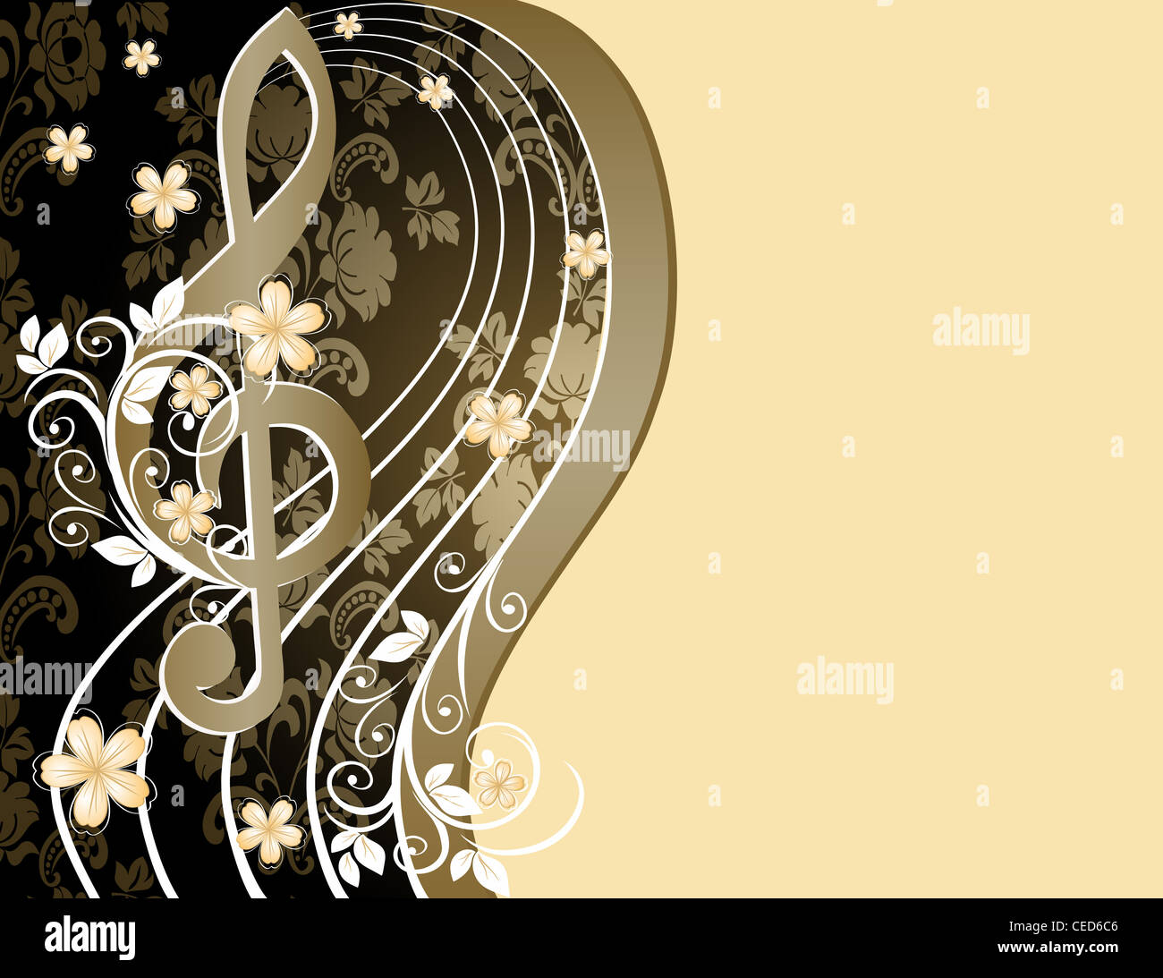 Beige musical background with a treble clef and a flower pattern Stock ...