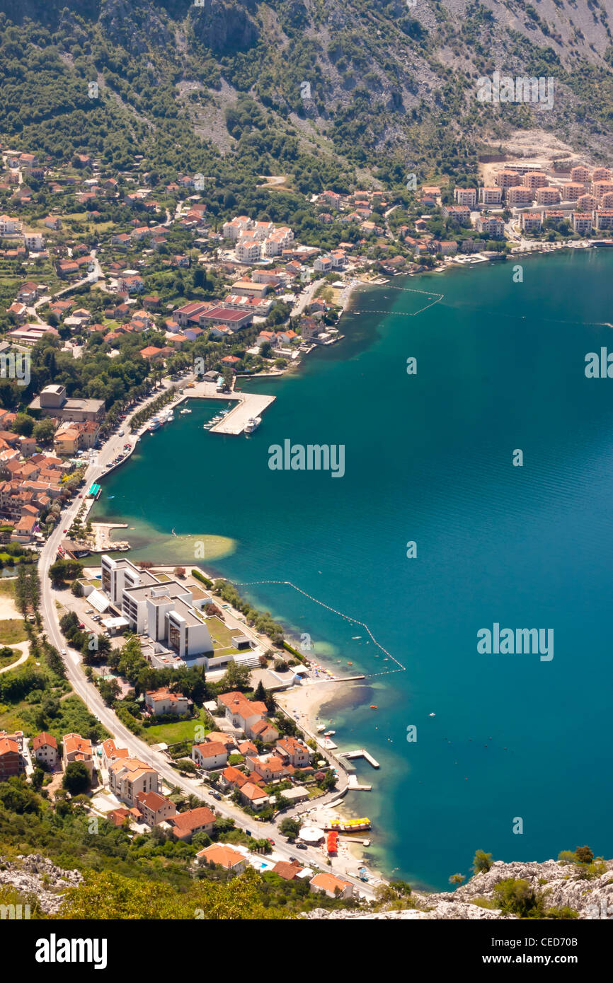 Aerial view on Risan town on coast of Kotor bay Stock Photo - Alamy