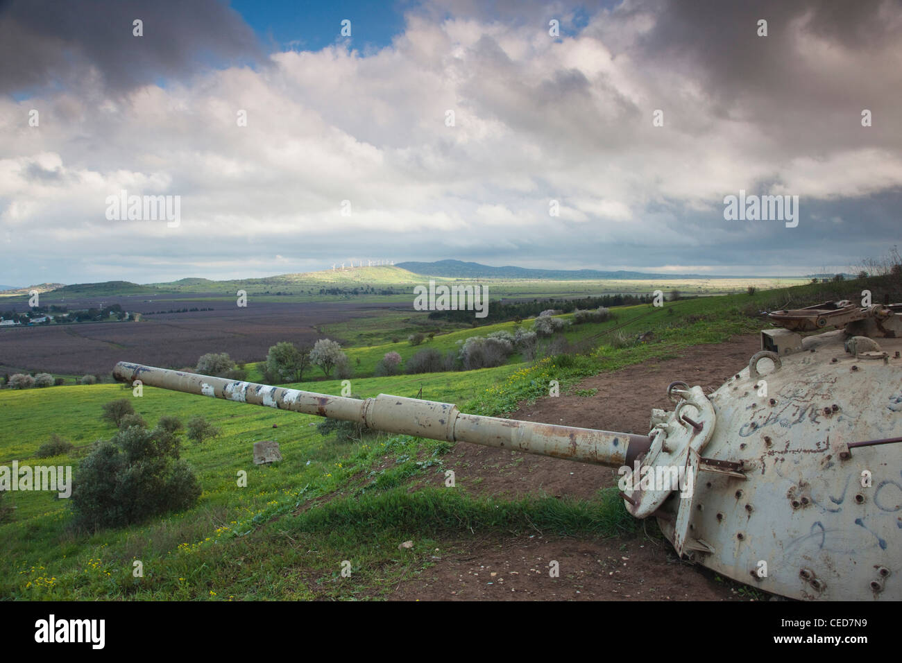 Israel, Golan Heights, MItzpe Quneitra, turret of Israeli tank points ...