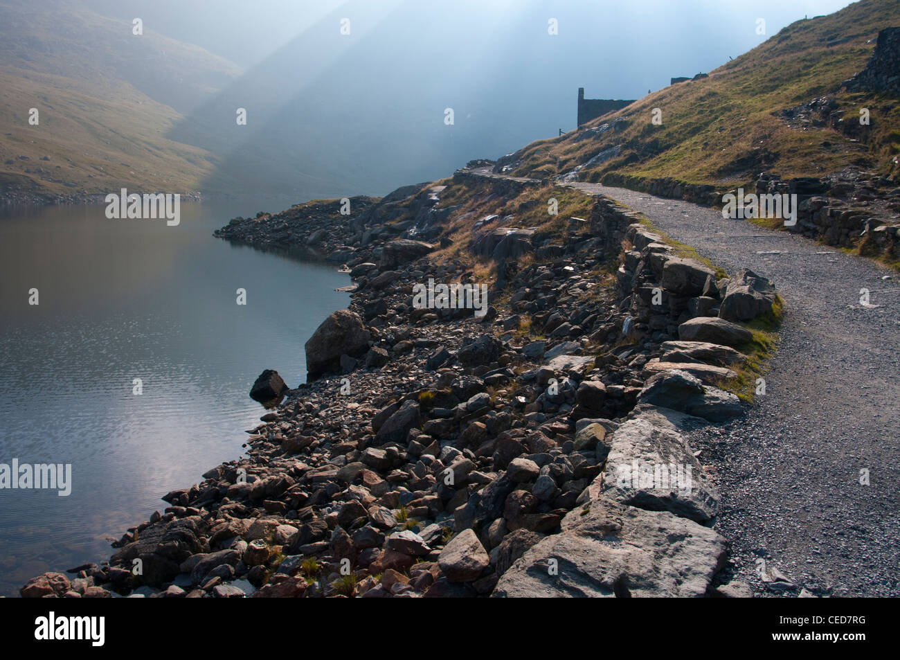 a landscape of snowdonia taken from the miners path with llyn llydaw on ...