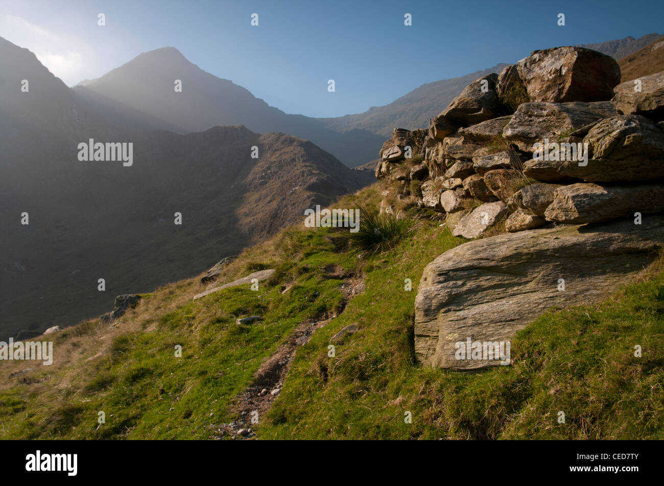 a landscape of snowdonia taken from the miners path with snowdon inthe ...