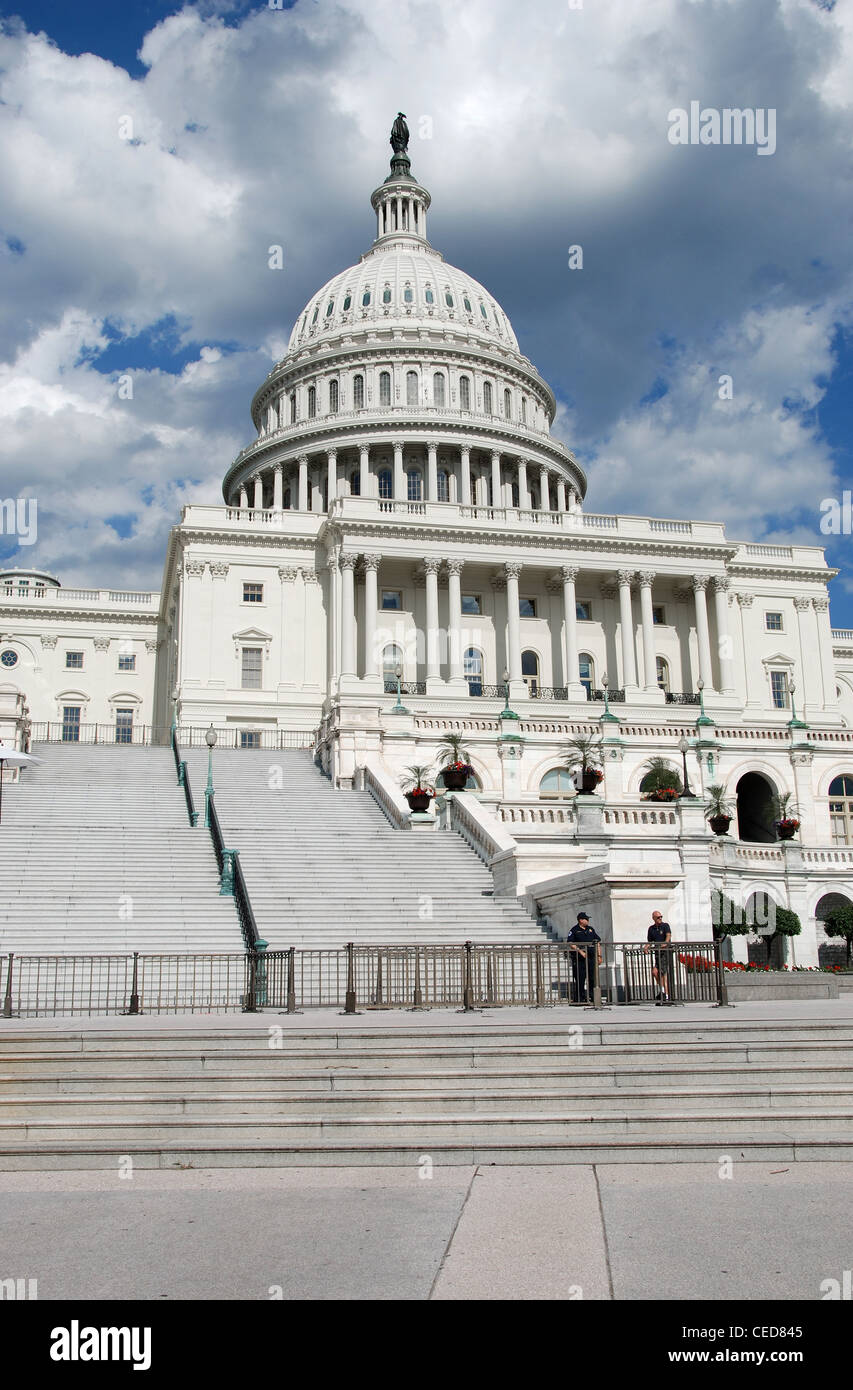 Outdoor view of US Capitol in Washington DC with beautiful blue sky in ...
