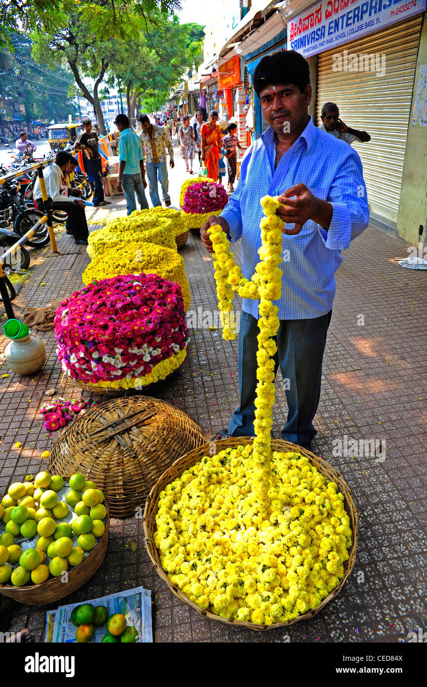 Yellow flowers for sale at the streets of Mysore, Karnataka, India ...