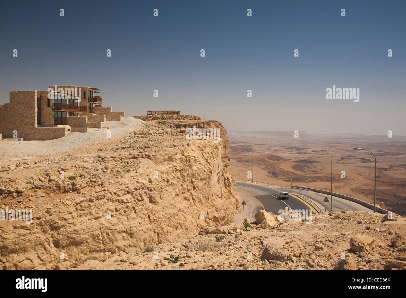Israel, The Negev, Mitzpe Ramon, buildings above 300 meter deep Maktesh ...