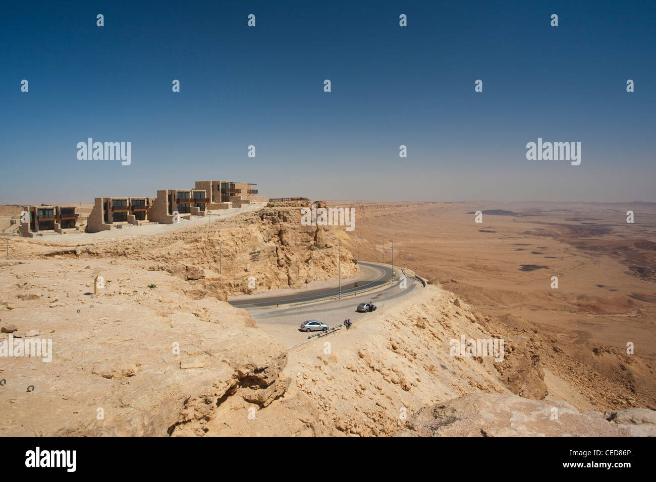 Israel, The Negev, Mitzpe Ramon, buildings above 300 meter deep Maktesh ...