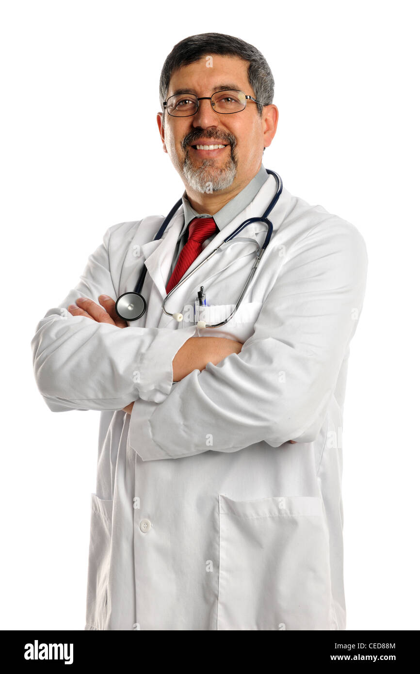Portrait of Hispanic doctor smiling isolated over white background ...