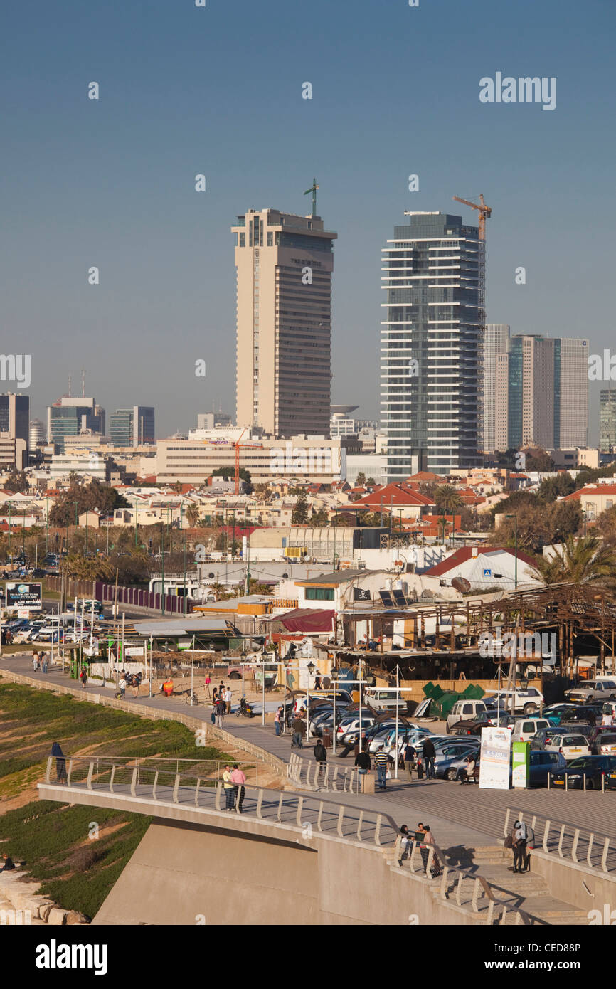 Israel, Tel Aviv, Jaffa, view of beachfront with downtown buildings ...