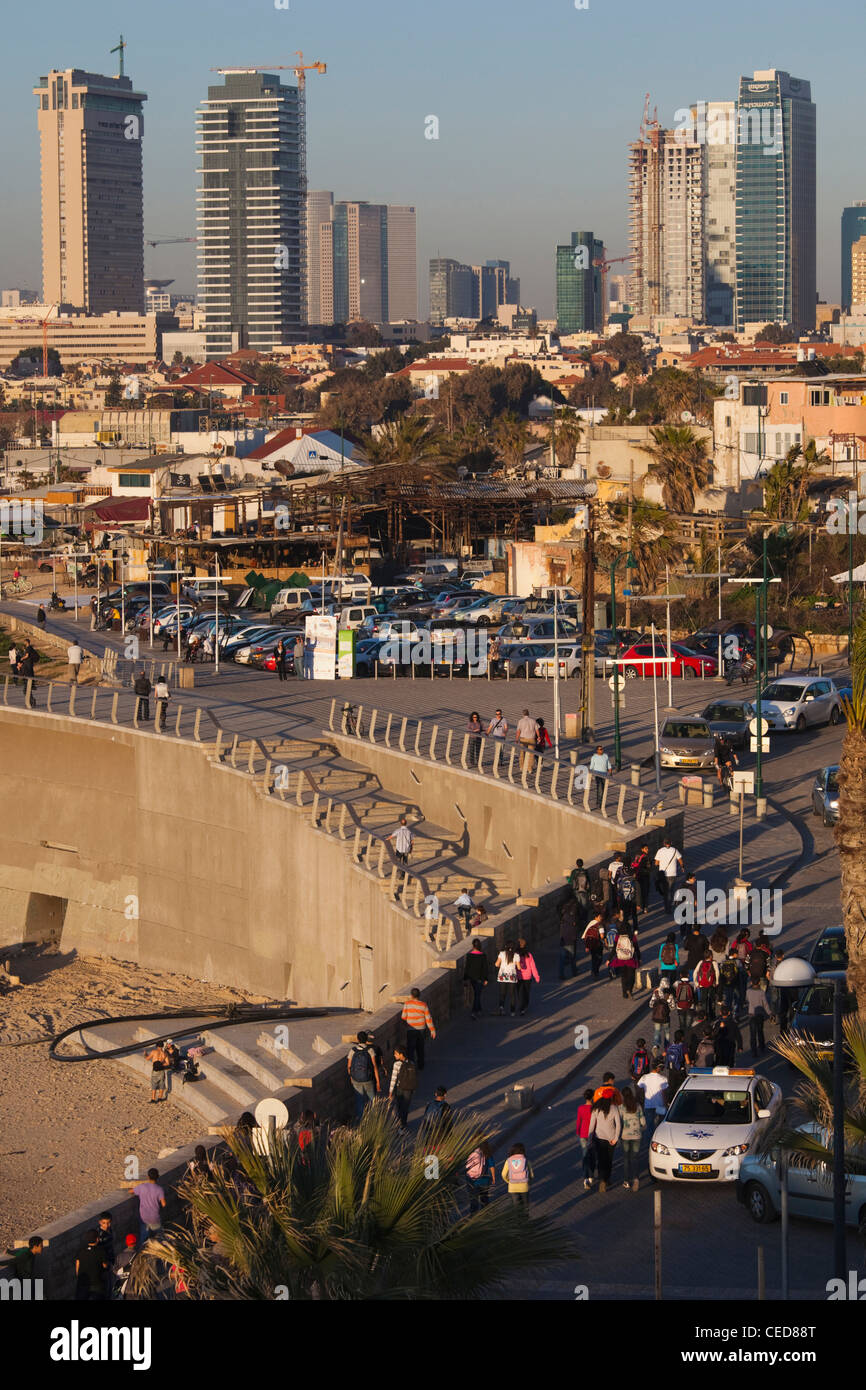 Israel, Tel Aviv, Jaffa, view of beachfront with downtown buildings ...