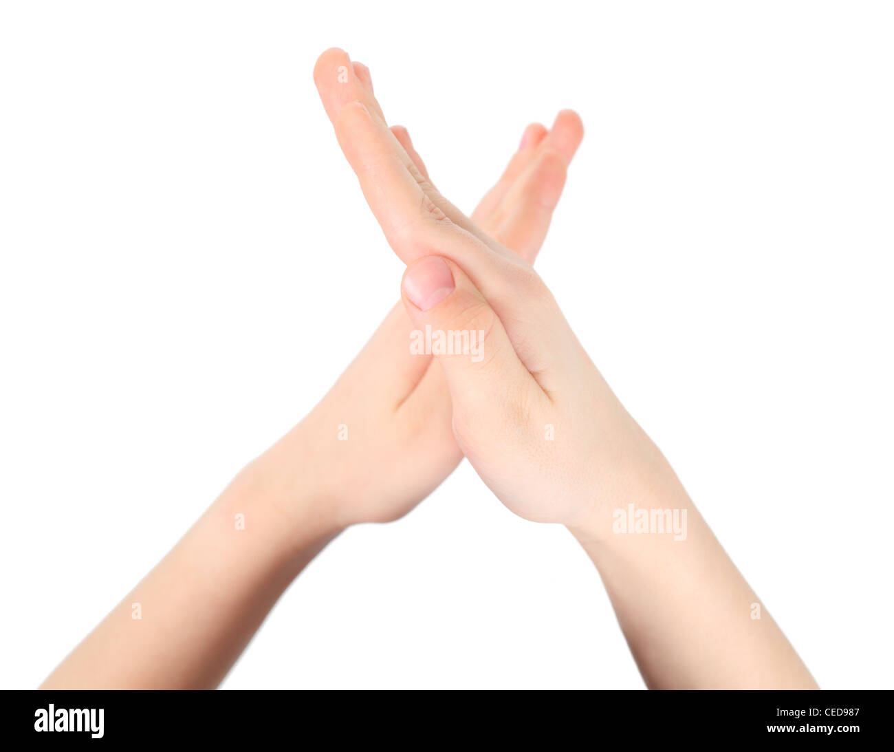 childish hands represents letter X from alphabet, stop sign Stock Photo ...