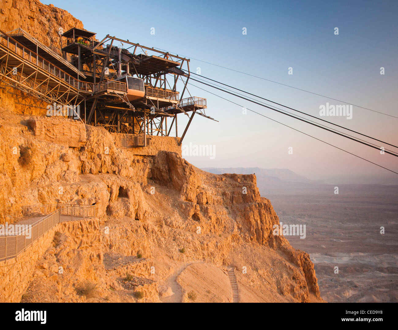Israel, Dead Sea, Masada, dawn view of the Masada cable car station ...