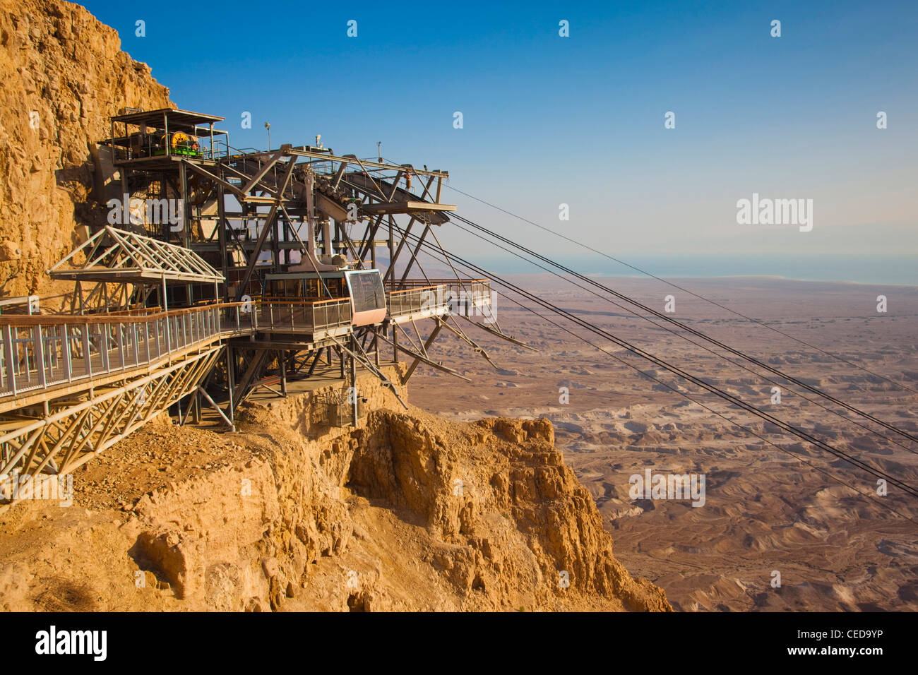 Israel, Dead Sea, Masada, dawn view of the Masada cable car station ...