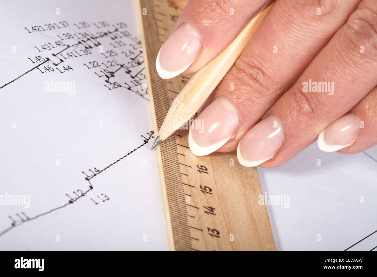 Female hands with a ruler and pencil on the drawing Stock Photo - Alamy