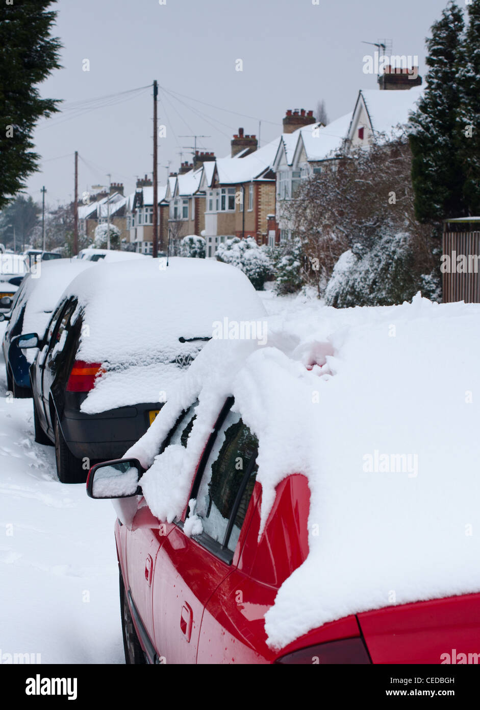 Snow covered cars on suburban street. Cambridge. England Stock Photo ...