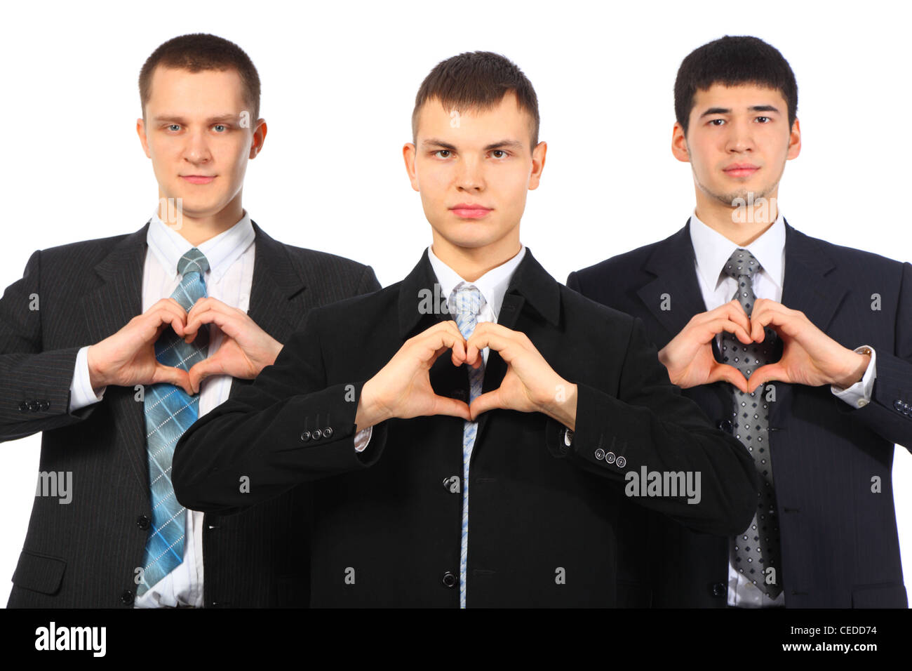 Three young businessmen show love sign by hands Stock Photo - Alamy