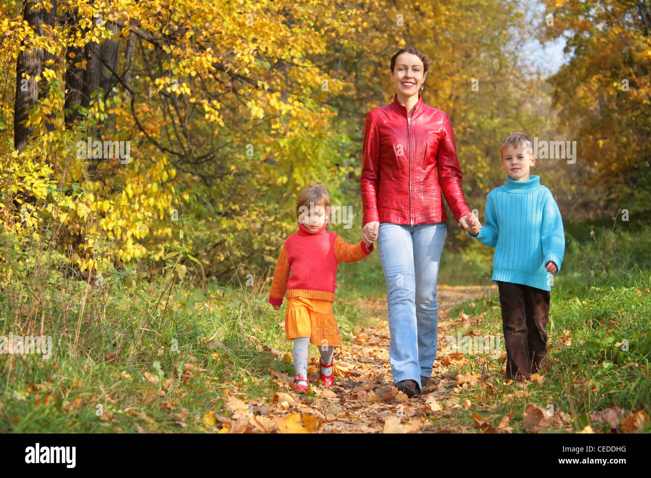 Mother with children on walk in wood Stock Photo - Alamy