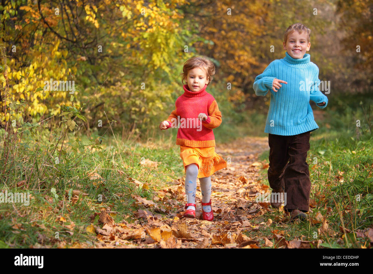 Two children run on wood autumn footpath Stock Photo - Alamy