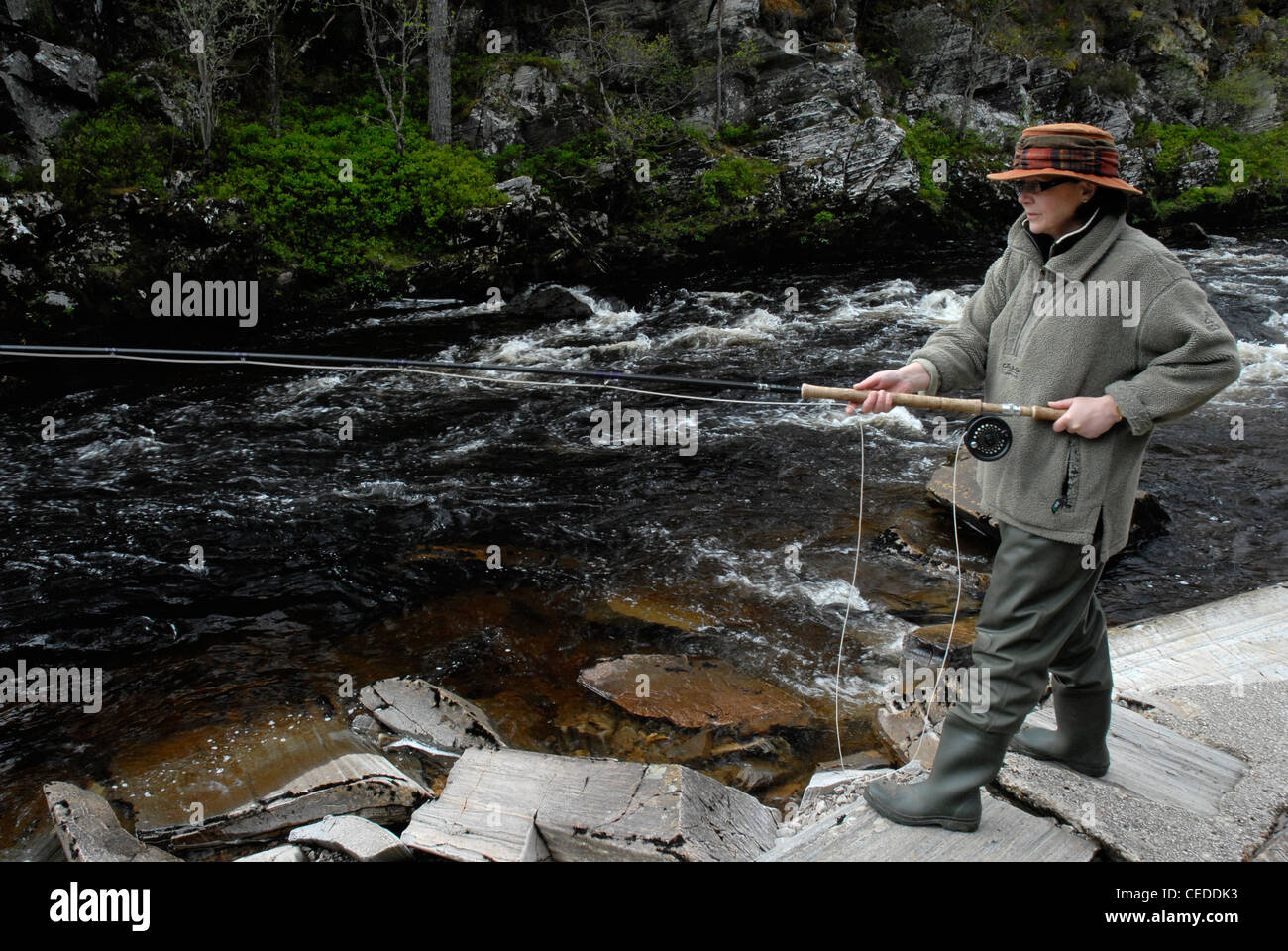 Woman salmon fishing in the River Oykel, Sutherland, Scotland, UK Stock ...