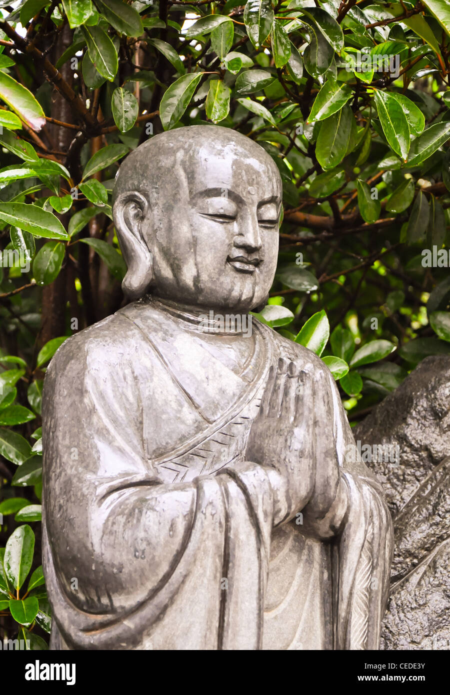 statue of a praying buddha in a garden, wet from the rain Stock Photo ...