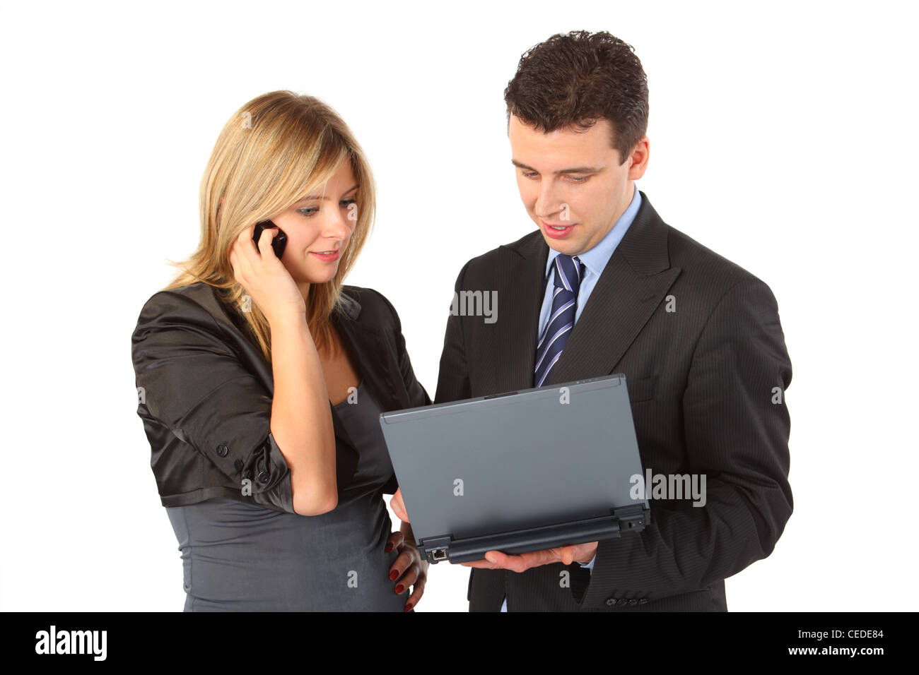 Girl with phone, man with notebook Stock Photo - Alamy