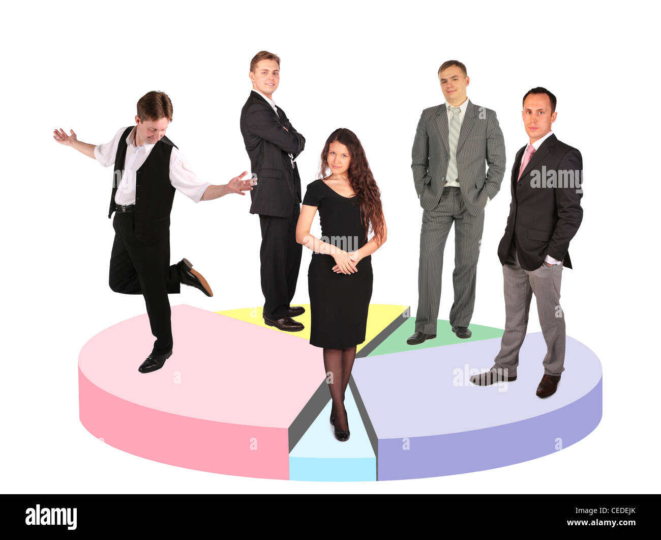 five different businessmen taking diverse position standing on circle ...
